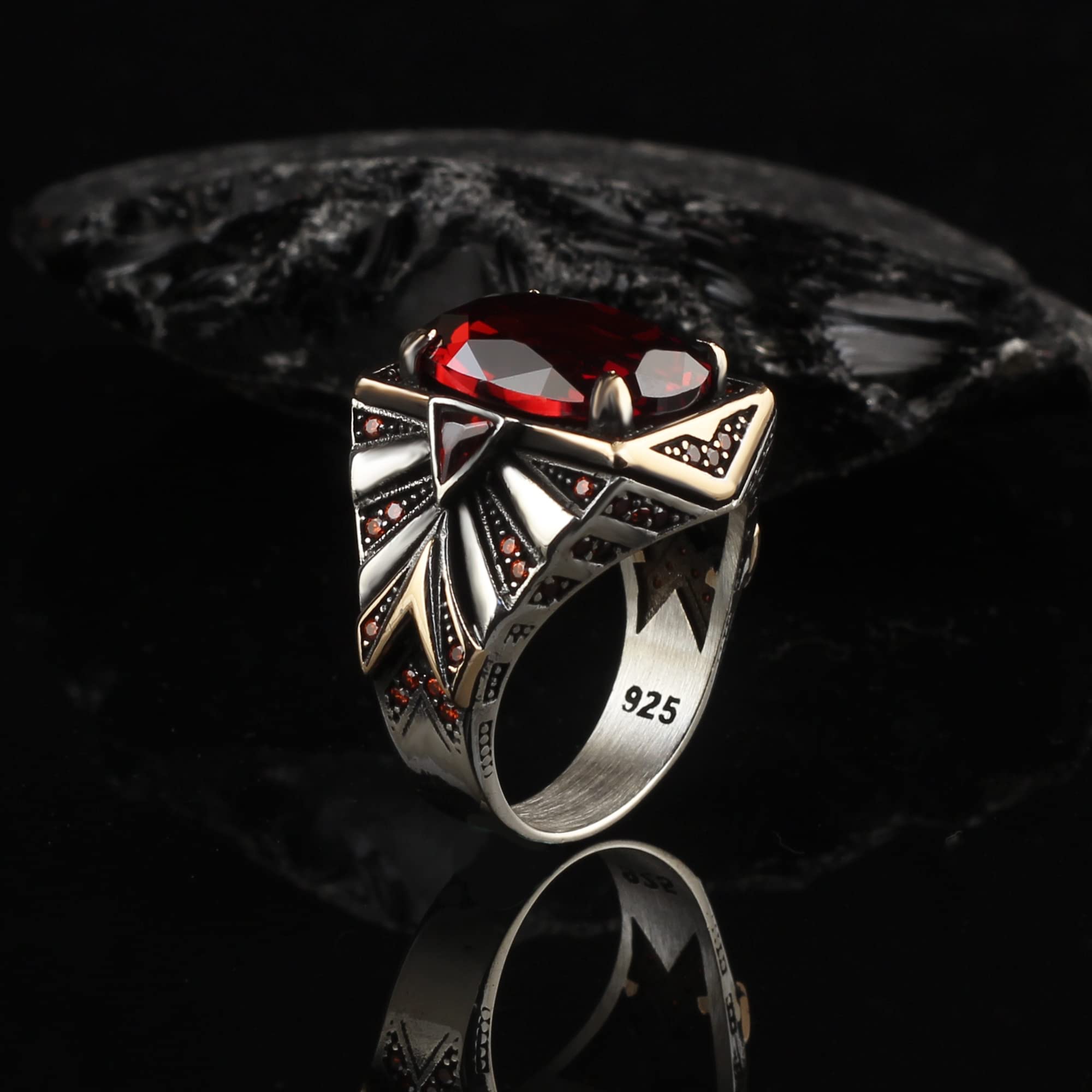 Handmade 925 Sterling Silver Men's Ring with Triangle Garnet Gem Stone, Futuristic Statement Ring gifts for men handmade rings valentines day gifts for him