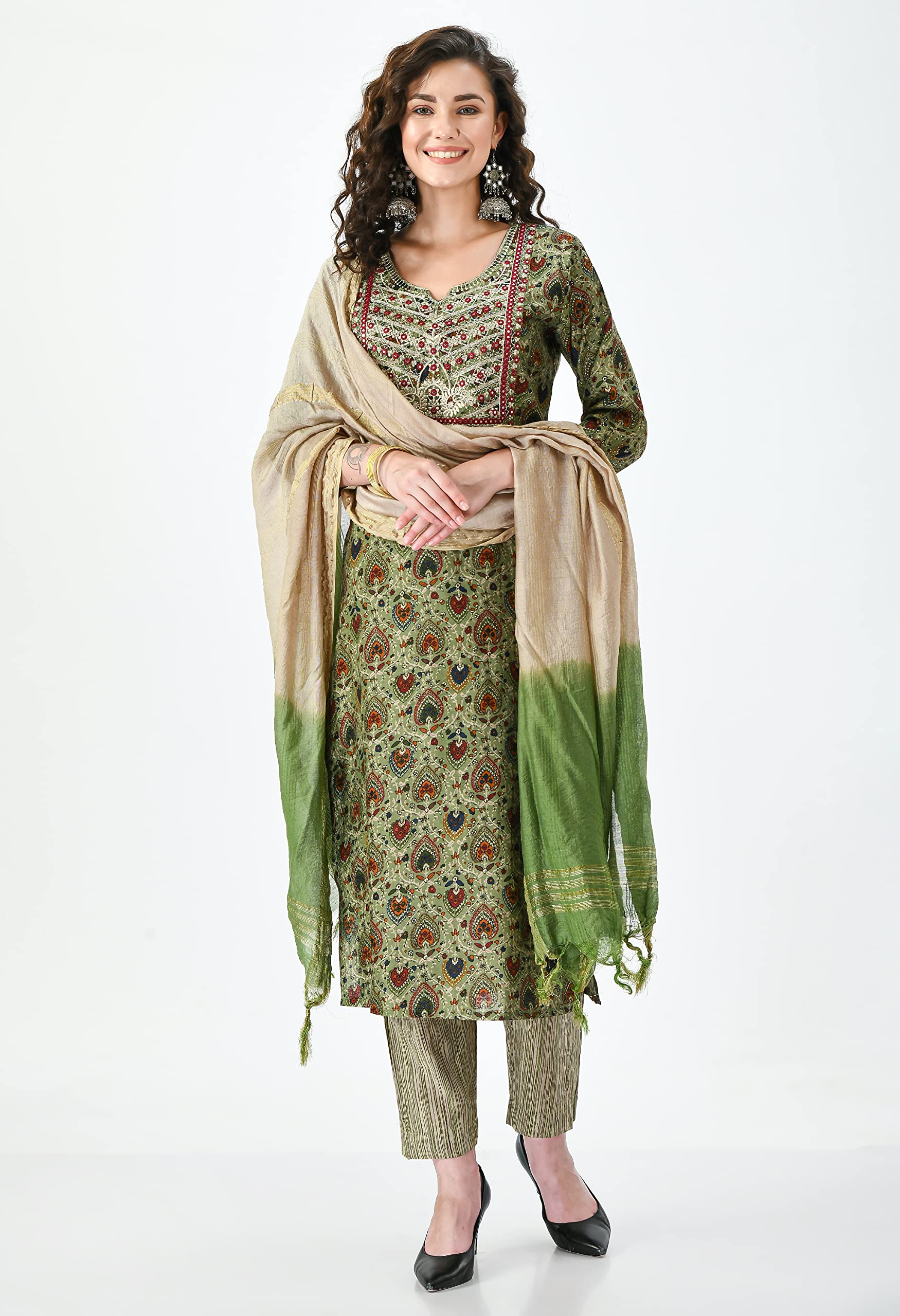 AnjuShree Choice Women Diwali Kurti Pant set with Dupatta Green