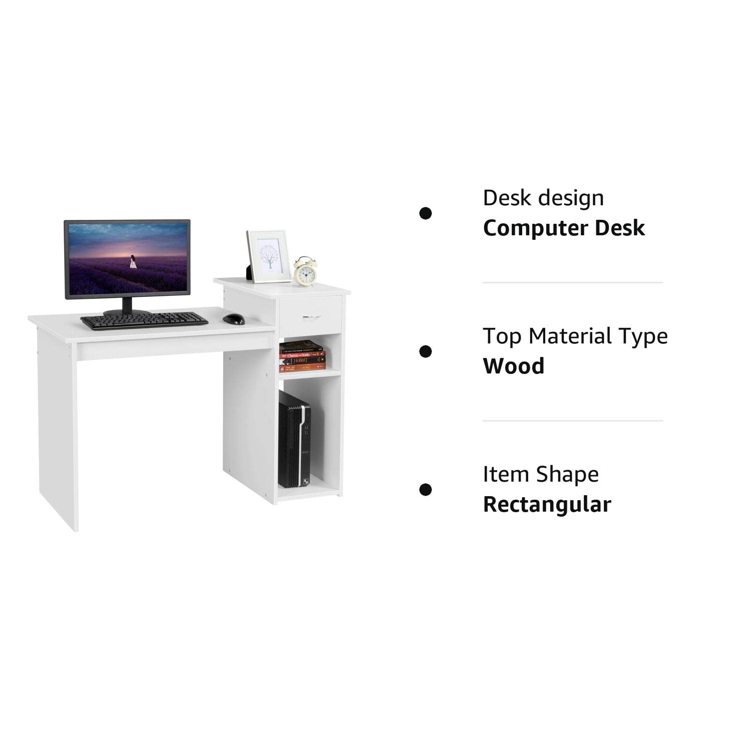 Yaheetech Home Office Computer Desk with Storage Drawer & Monitor Shelf, Writing PC Laptop Table Desk Study Workstation Furniture for Small Spaces, White