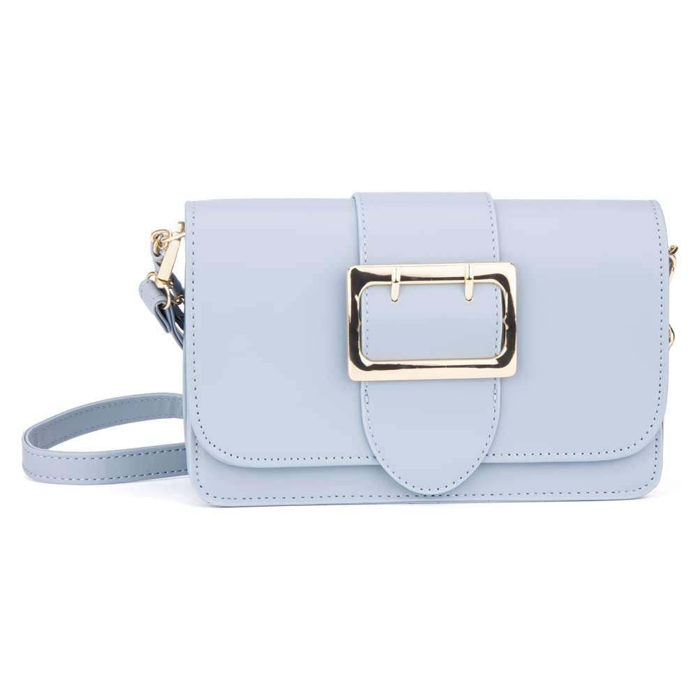 Olivia Miller Women's Fashion Liam Faux PU Leather w Buckle Detail n Front Flap, Blue Small Crossbody Bag w Removable Strap, Evening Everyday Casual Work Purse Handbag