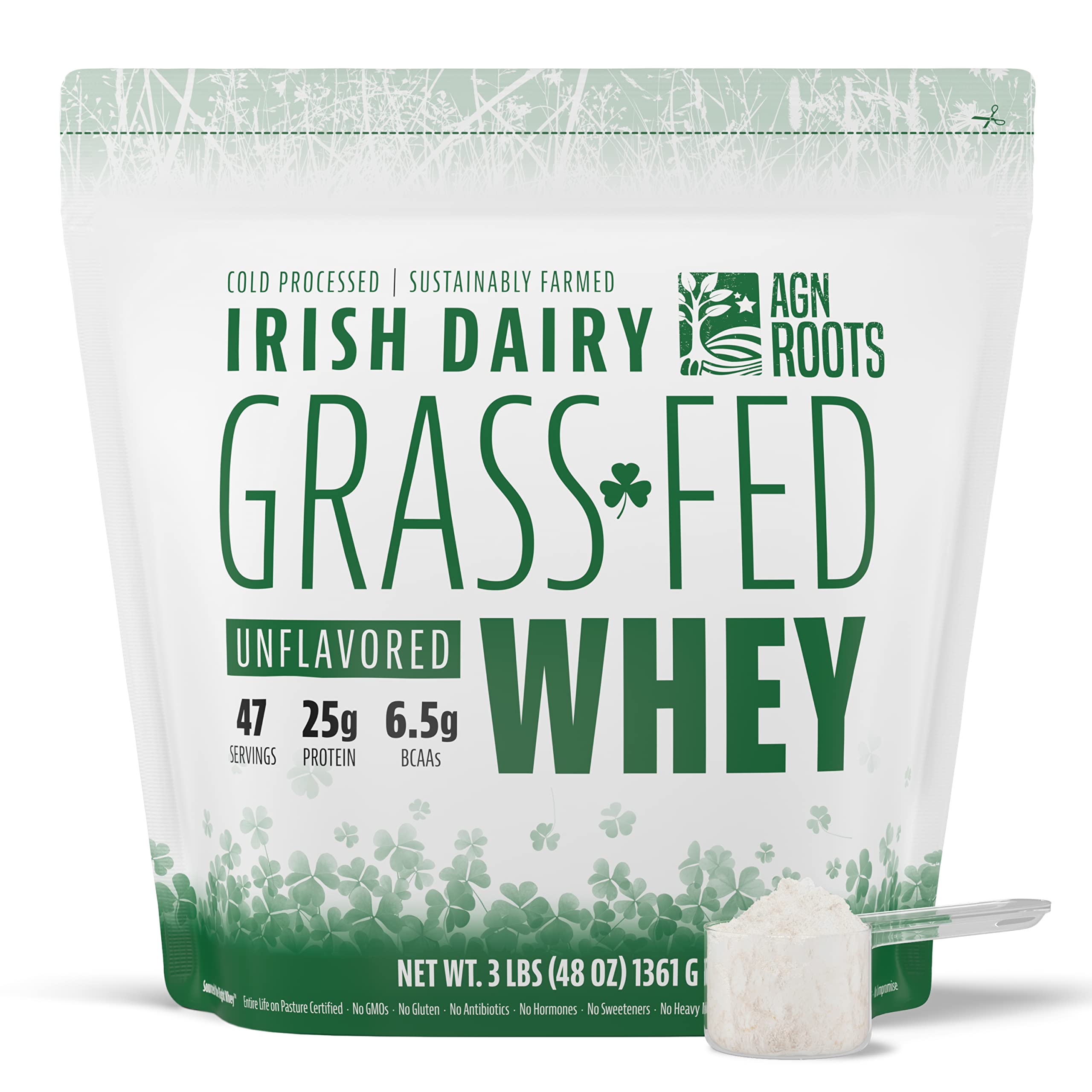 AGN Roots Grass Fed Whey Protein Powder Isolate - Unflavored - Unsweetened - Certified Entire Life On Pasture by A Greener World - ASPCA Registered - Informed Sport - Dairy Protein 1lbs