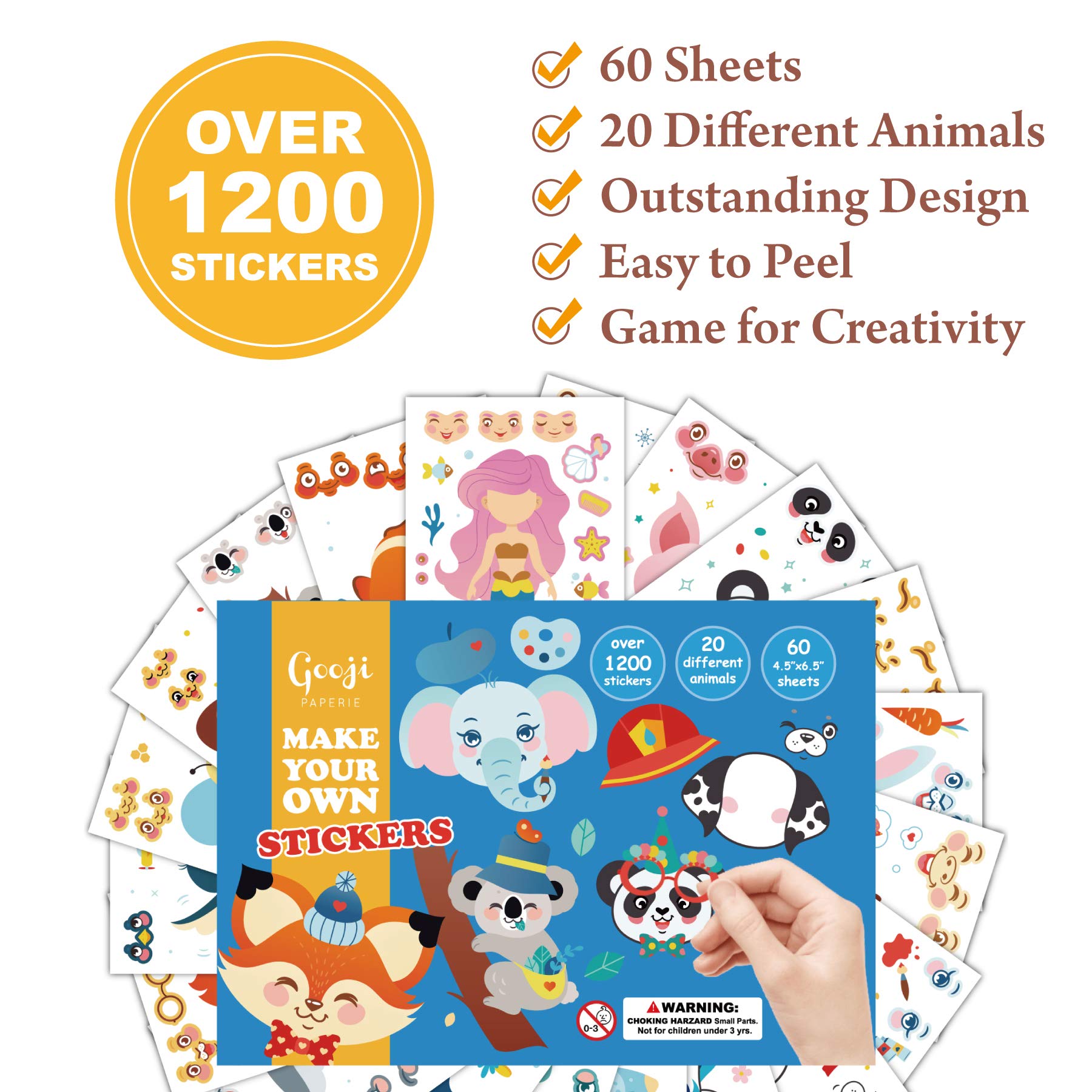 Gooji DIY Make Your Own Stickers for Kids, 60 Sheets Over 1,200 Stickers, 20 Funny Characters and Animals, Customizable Faces with Accessories, Reusable for Party Favors or Arts and Crafts Projects