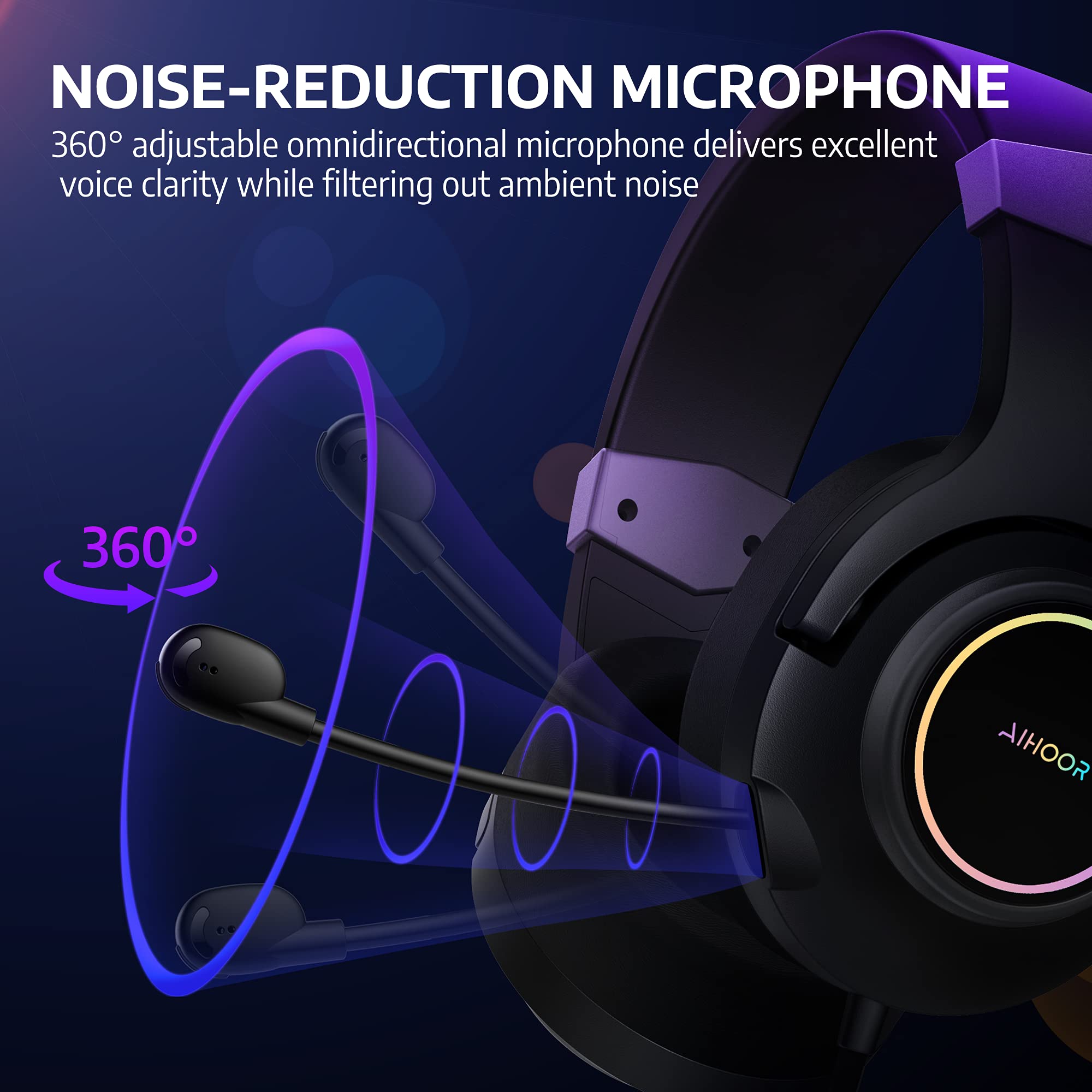 AIHOOR Gaming Headset with Virtual 7.1 Surround Sound,Over Ear Headphones,Noise Cancelling Microphone,Ultra-Low Latency Games & LED Light Soft Memory Protein Earmuffs for PC Mac Computer Games- Black