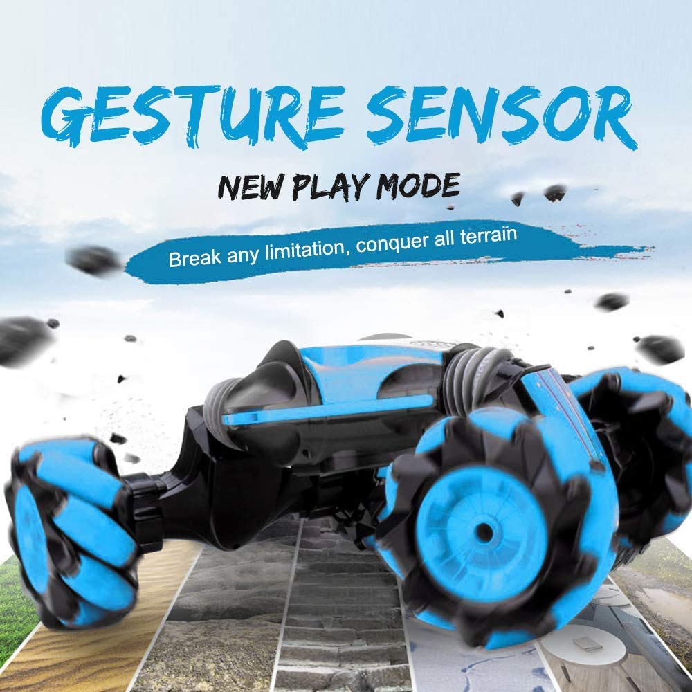 GoolRC RC Stunt Car, 4WD 2.4GHz Remote Control Car, Deformable All-Terrain Off Road Car, 360 Degree Flips Double Sided Rotating Race Car with Gesture Sensor Watch Lights Music for Kids (Blue)