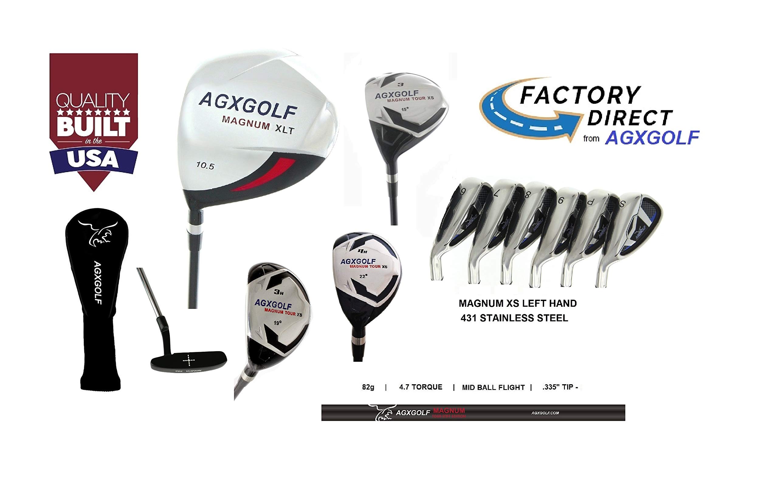 AGXGOLF Men's Left Hand XS Tour Magnum Complete Golf Club Set; w/OverSize Driver +3 Wood + 3&4 Hybrids + 5-SW Irons: Stiff Flex, Regular Length; Free Putter Built in The USA!