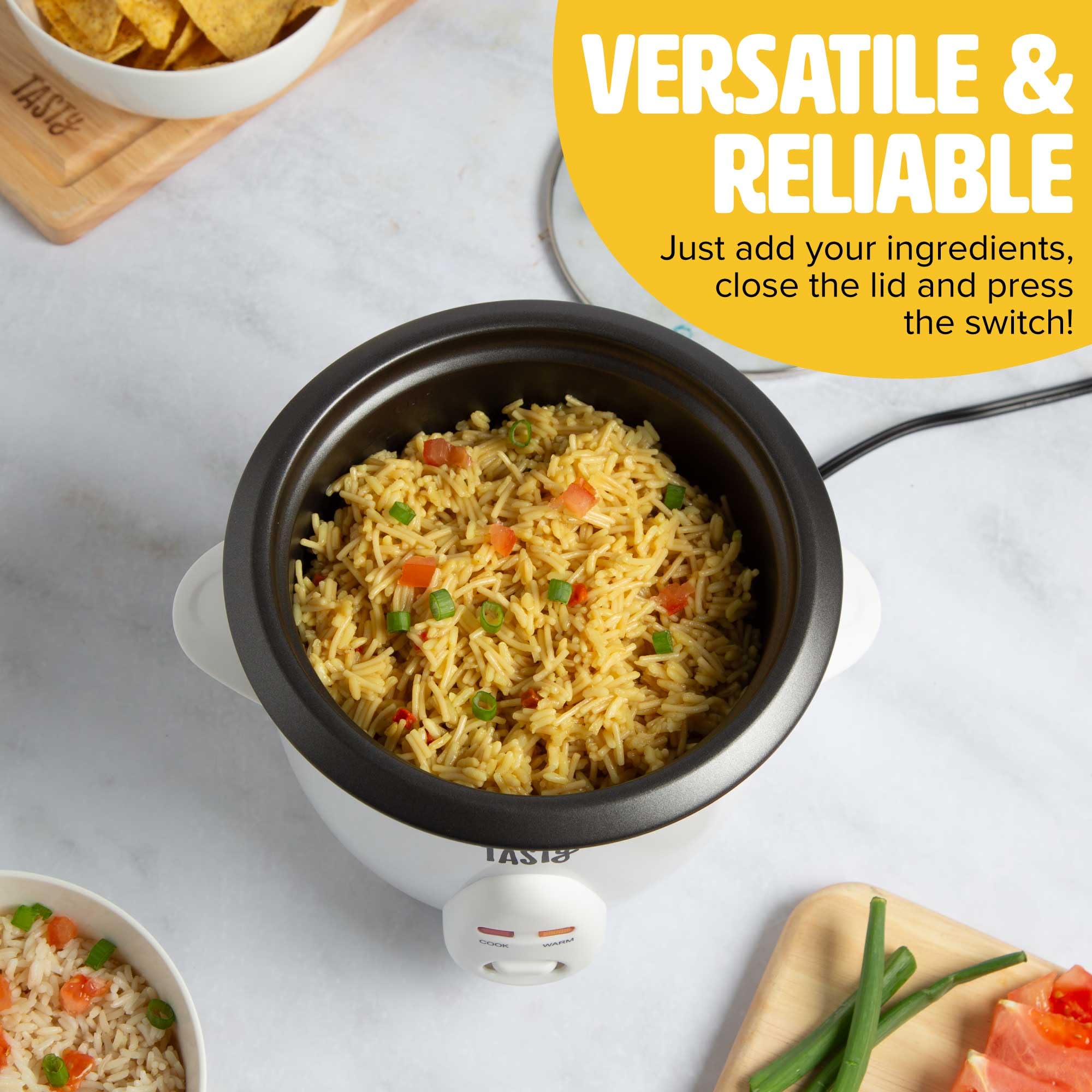 Tasty Mini Rice Cooker with Removable Nonstick Bowl and Auto Keep Warm Function, Great For Soups, Stews, Grains and Oats, 6 Cups Cooked (3 Cups Uncooked), 1.5-Quart, White