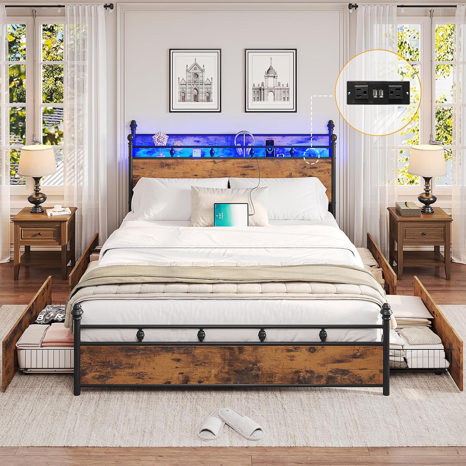 AOGLLATI Queen Bed Frame with 4 Storage Drawers, LED Bed Frame with Charging Station, Metal Platform Bed Queen Size with Storage Headboard, No Box Spring Needed
