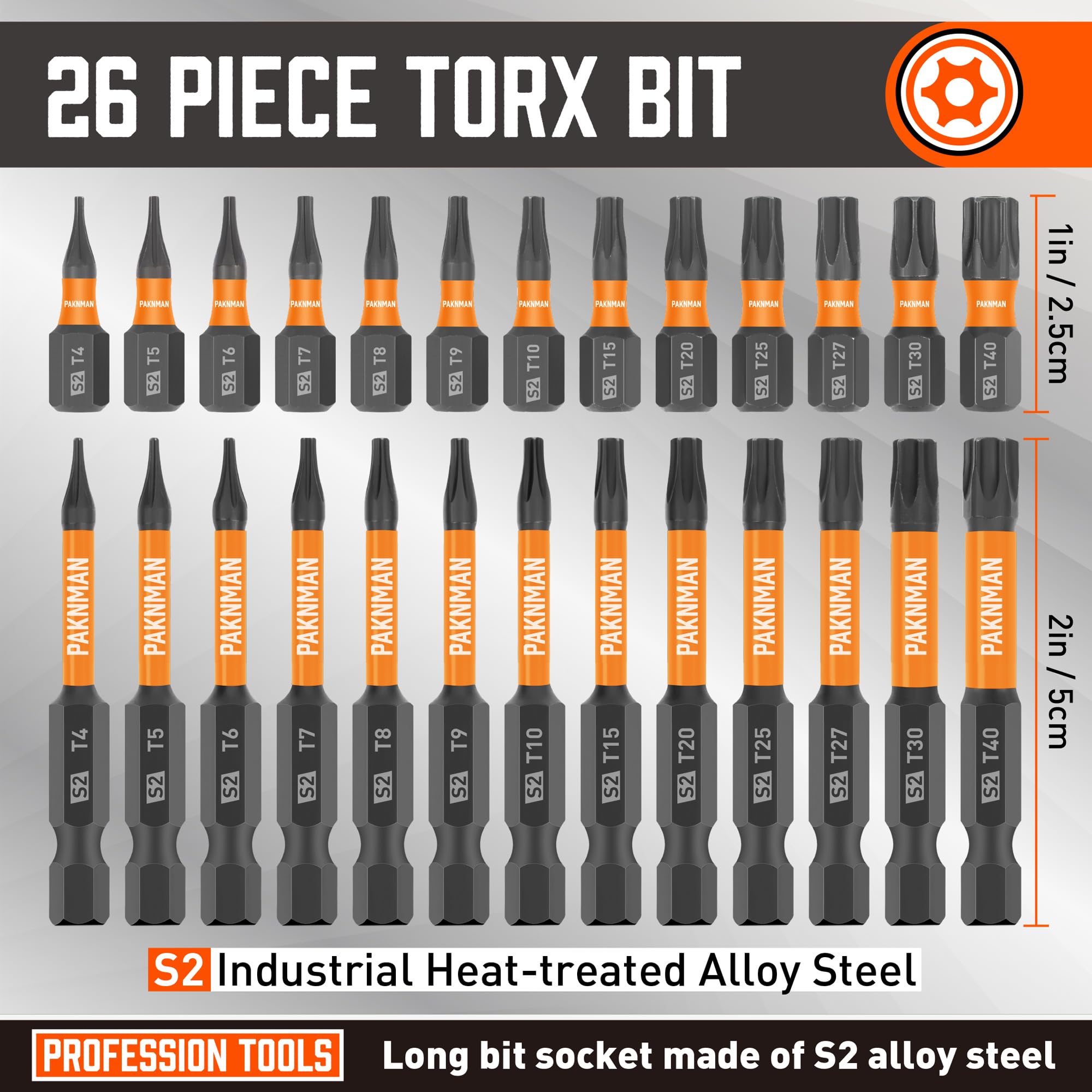 PAKNMAN 27-Piece Torx Bit Set, 1/4”Magnetic Extension, T4 - T40, S2 Steel, 1/4 Hex-Shank Security Torx Bit Set, 1” & 2” Long with Magnetic Impact Bit Holder and Storage Box
