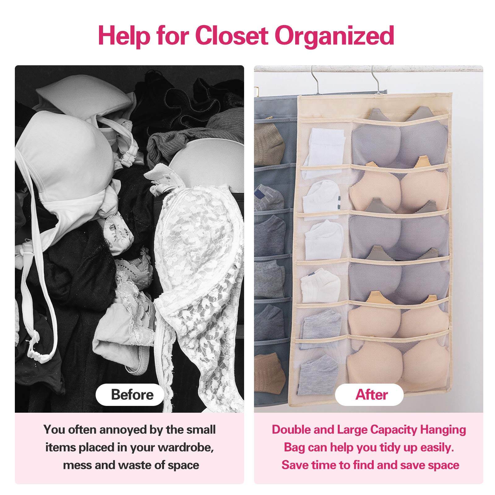 Hanging Mess Pockets Dual Sided Wall Shelf Wardrobe Organizers Storage Bags,Closet Hanging Organizer with 36 Mesh Pockets & Rotating Metal Hanger,for Bra Underwear Underpants Shoes Sock (Beige)