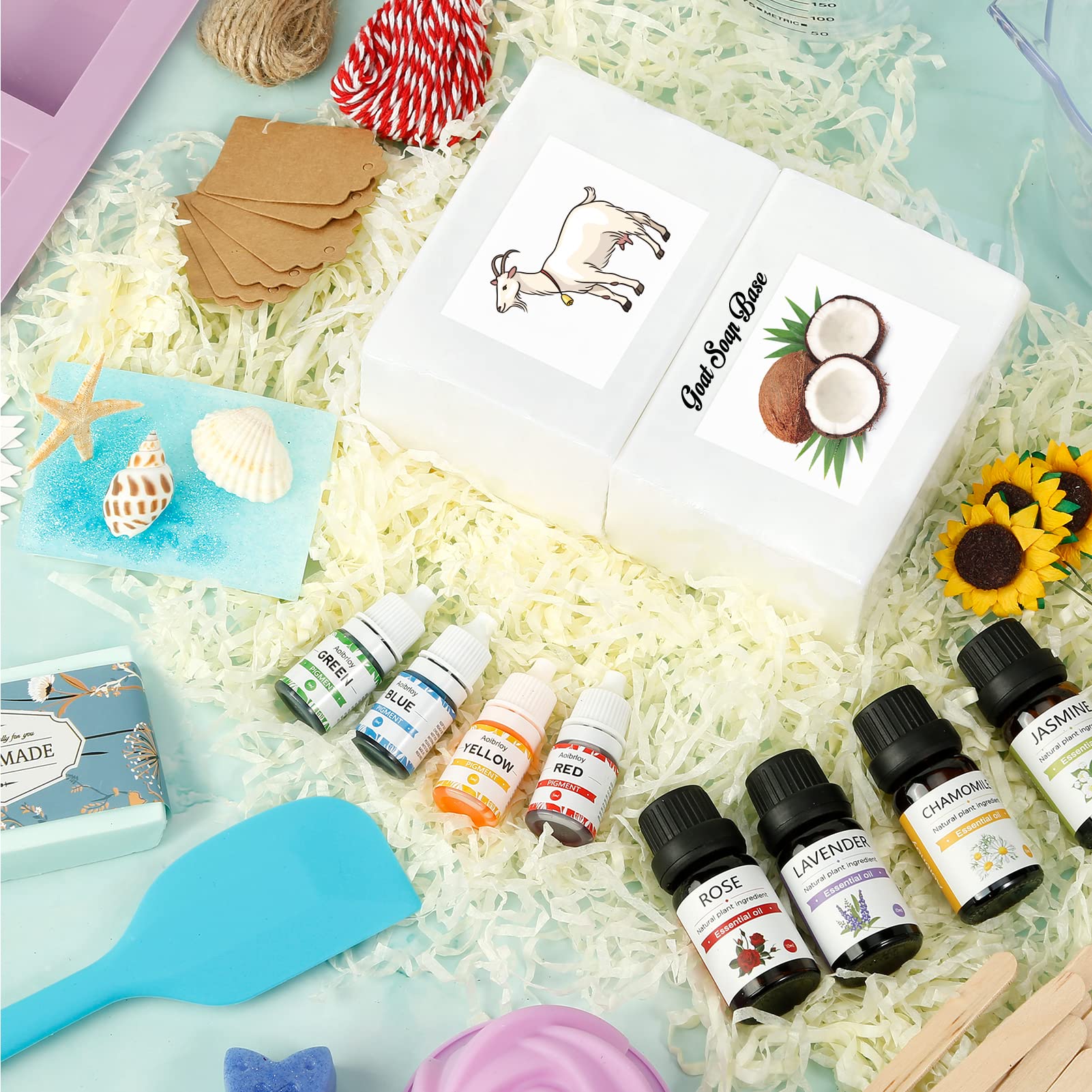 Aoibrloy Soap Making Kits for Adults Beginner with Instructions, Natural DIY Soap Kits with 2lbs. Shea Butter Soap Base, 5 Silicone Soap Mold, Dried Flowers, 4 Essential Oil, 4 Colors, 15 Labels