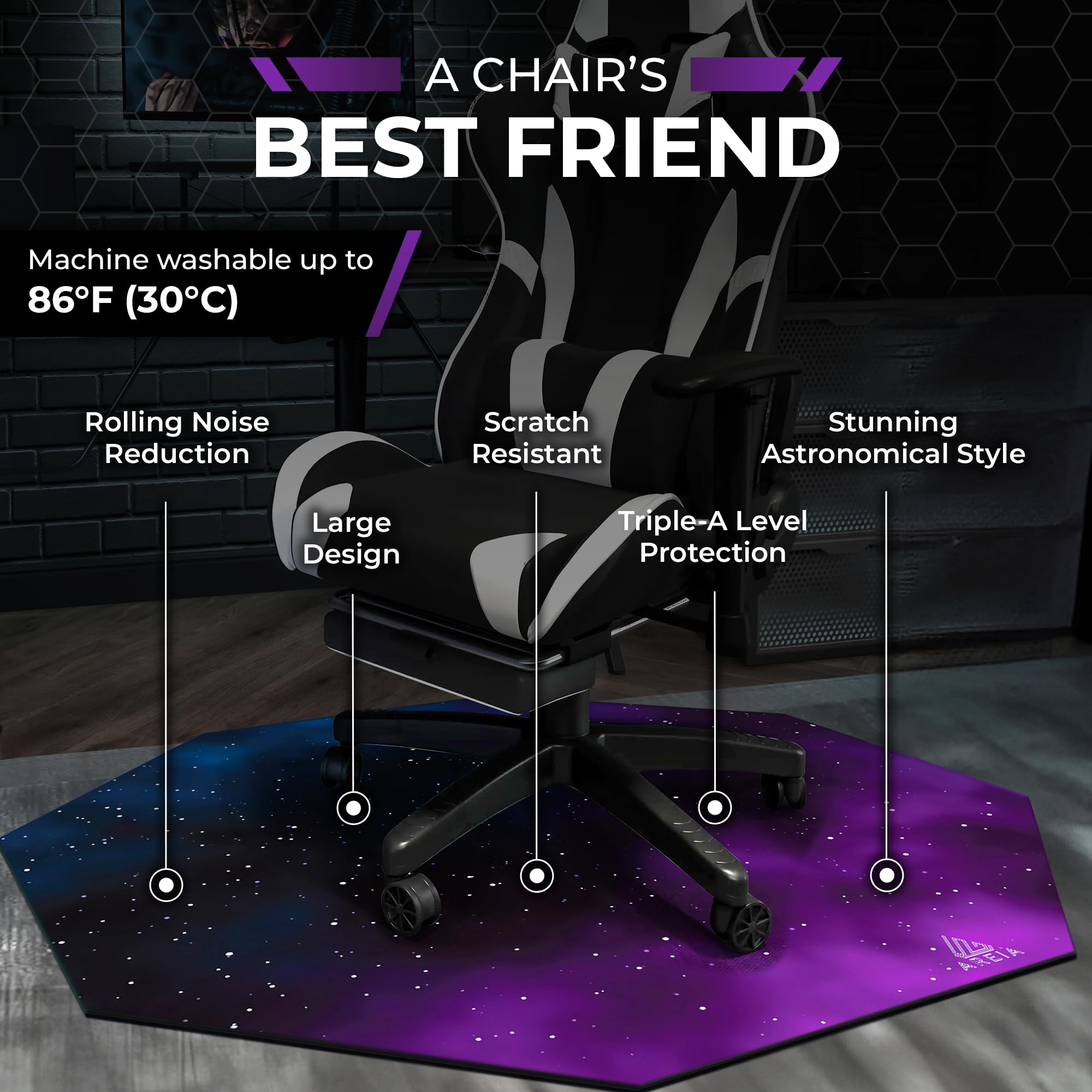 AREIA Computer Chair Mat (47” x 47”), Noise Cancelling Gaming Chair Mat – Anti-Slip Gaming Floor Mat – Scratch Resistant Mat for Office Chair – Octagon Computer Chair Mat for Hardwood Floor
