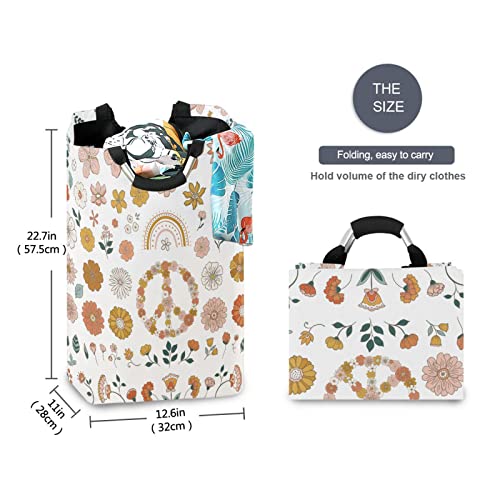Kigai Laundry Hamper Basket Retro Flowers Peace Sign Collapsible Nursery Storage Bin Waterproof Clothing Baskets for Home Bedroom Bathroom Washing Room