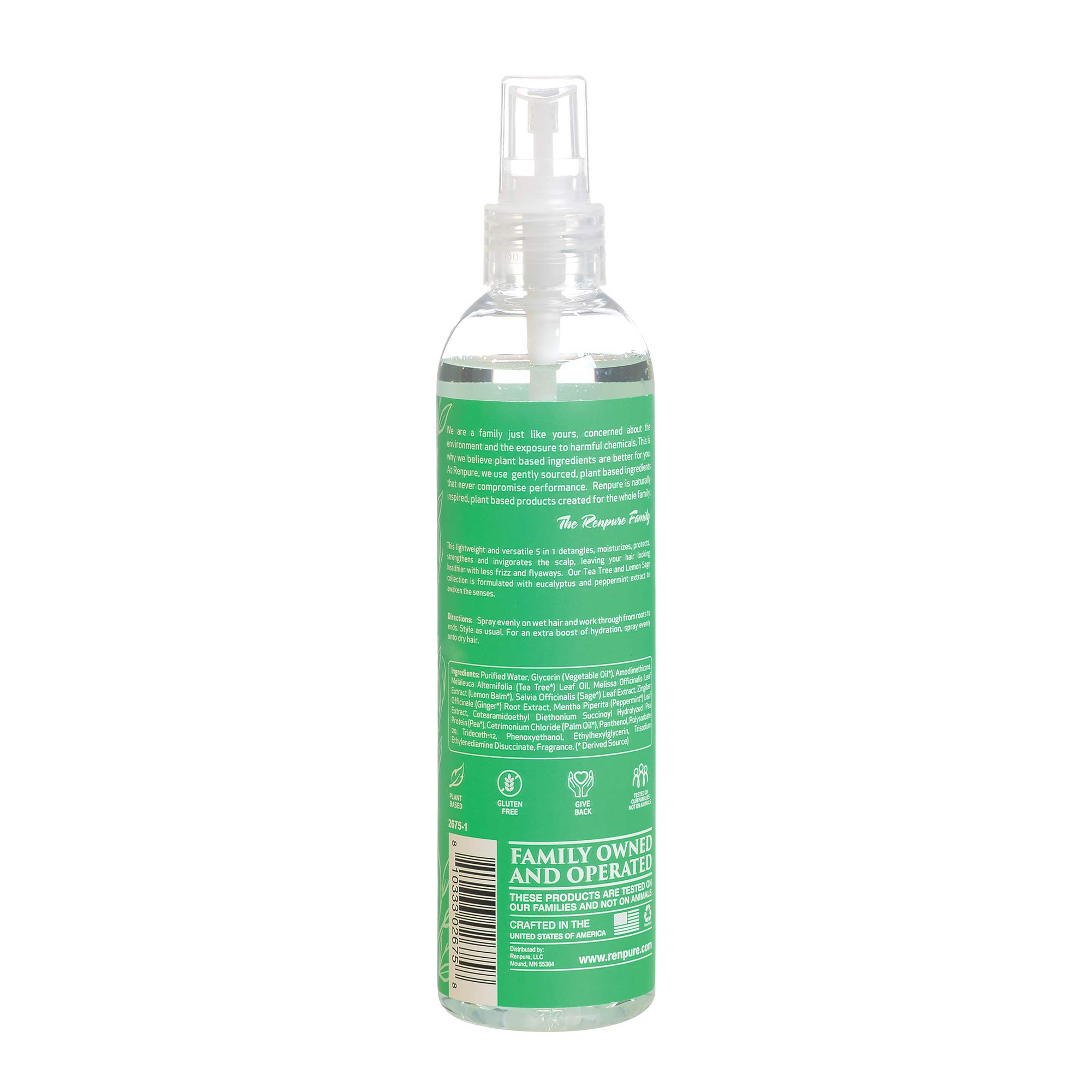 RENPURE Plant Based Beauty Sage 5 in 1 Leavein Treatment Mist, Lemon,Tea Tree, 8 Fl Oz