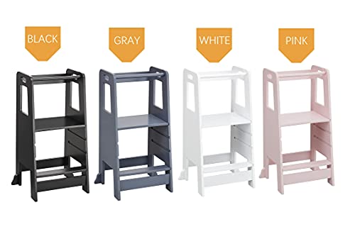 Kid's Wooden Kitchen Step Stool, Adjustable Platform Standing Tower, with Safety Guardrail Child Studying Tower, Toddler Stool for Bathroom, Cooking Helper(Grey)