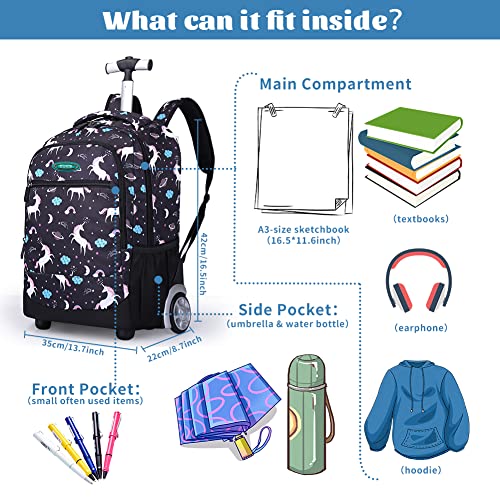 Tanou Rolling Backpack for Kids Adults, 18" Waterproof Backpack with Wheels for Girls Boys, Roller Bookbags for School Travel, Age 7+, Black Horse