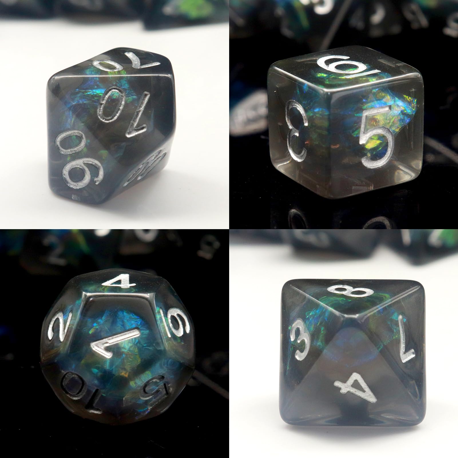 PJOY Clear Rainbow DND Dice Set 7PCS D&D Dice Iridescent Mylar Filled Resin Polyhedral RPG Game Dungeons and Dragons Gifts