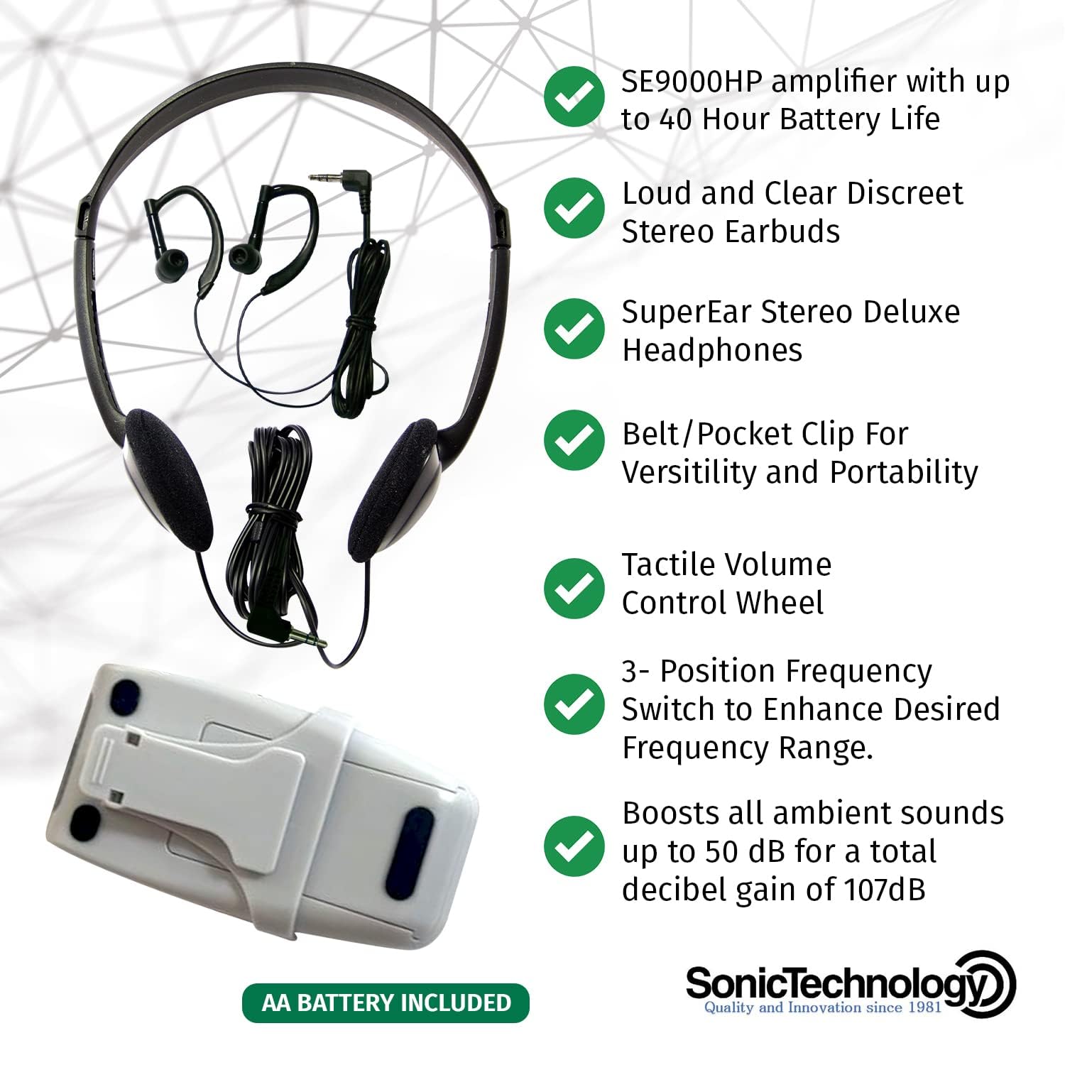 SuperEar Rechargeable Personal Sound Amplifier - 50dB Amplifier with Headphones, Earbuds and Tactile 3 Tone Frequency - Sound Amplifiers for Seniors, Adults and Audiologists - Model SE9000HP (PSAP)