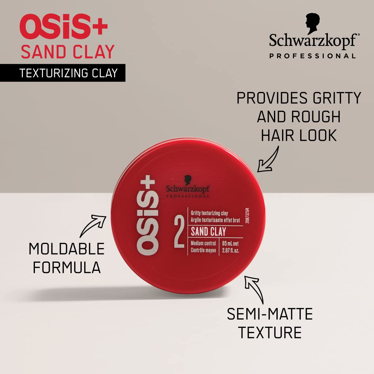 OSiS+ Sand Clay β Gritty Texturizing Clay with a Rough Semi-Matte Finish β Pliable, Moldable Styling Paste with Kaolin for Rugged Looks with a Natural Dry Feel, 2.87 oz