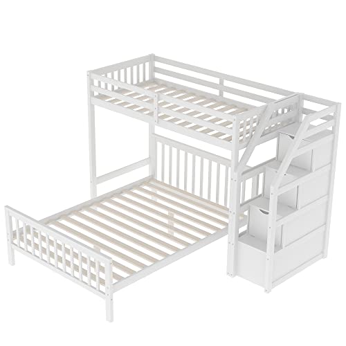 DEYOBED Twin Over Full Wooden Bunk Bed and Convertible Loft Bed with Storage Staircases - Ideal for Kids and Teens, Maximizing Space and Comfort