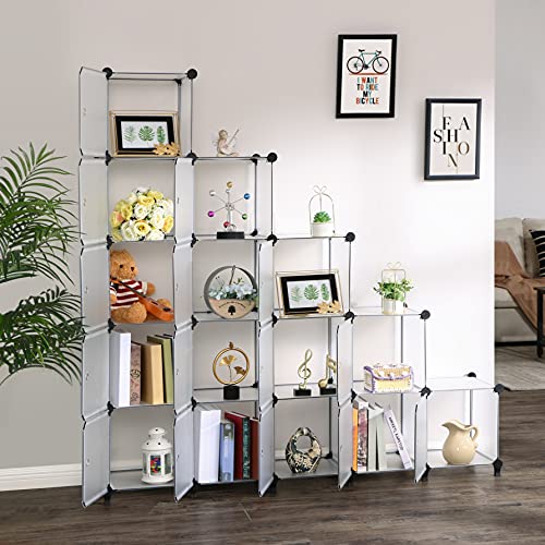 ANWBROAD Cube Storage Organizer, 16-Cube Modular DIY Book Shelf with Doors, Closet Clothes Organizer, Plastic Storage Cubbies Cabinet for Living Room Bedroom Office White ULCS16TM
