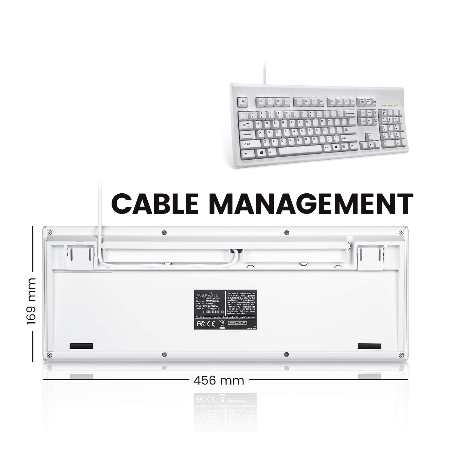 Perixx PERIBOARD-106 US W, Performance wired keyboard - 20 Million Key Press Life - Full Size 17.9"x6.6"x1.7" - White
