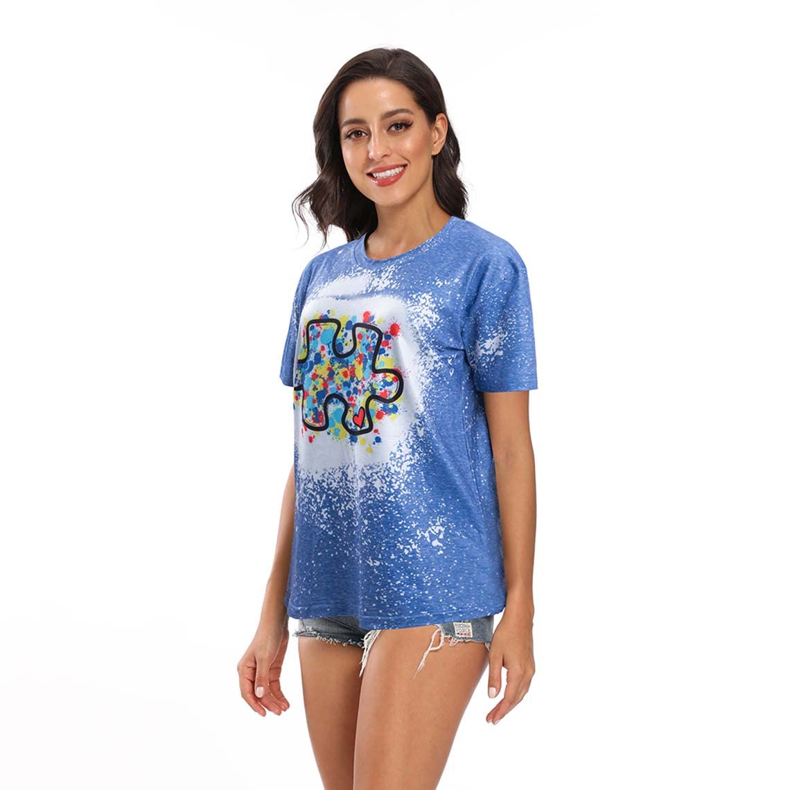 Autism Awareness T Shirt Women Autistic Support Graphic Tee Shirt Casual Puzzle Piece Bleached Tee Tops Bleached-Blue