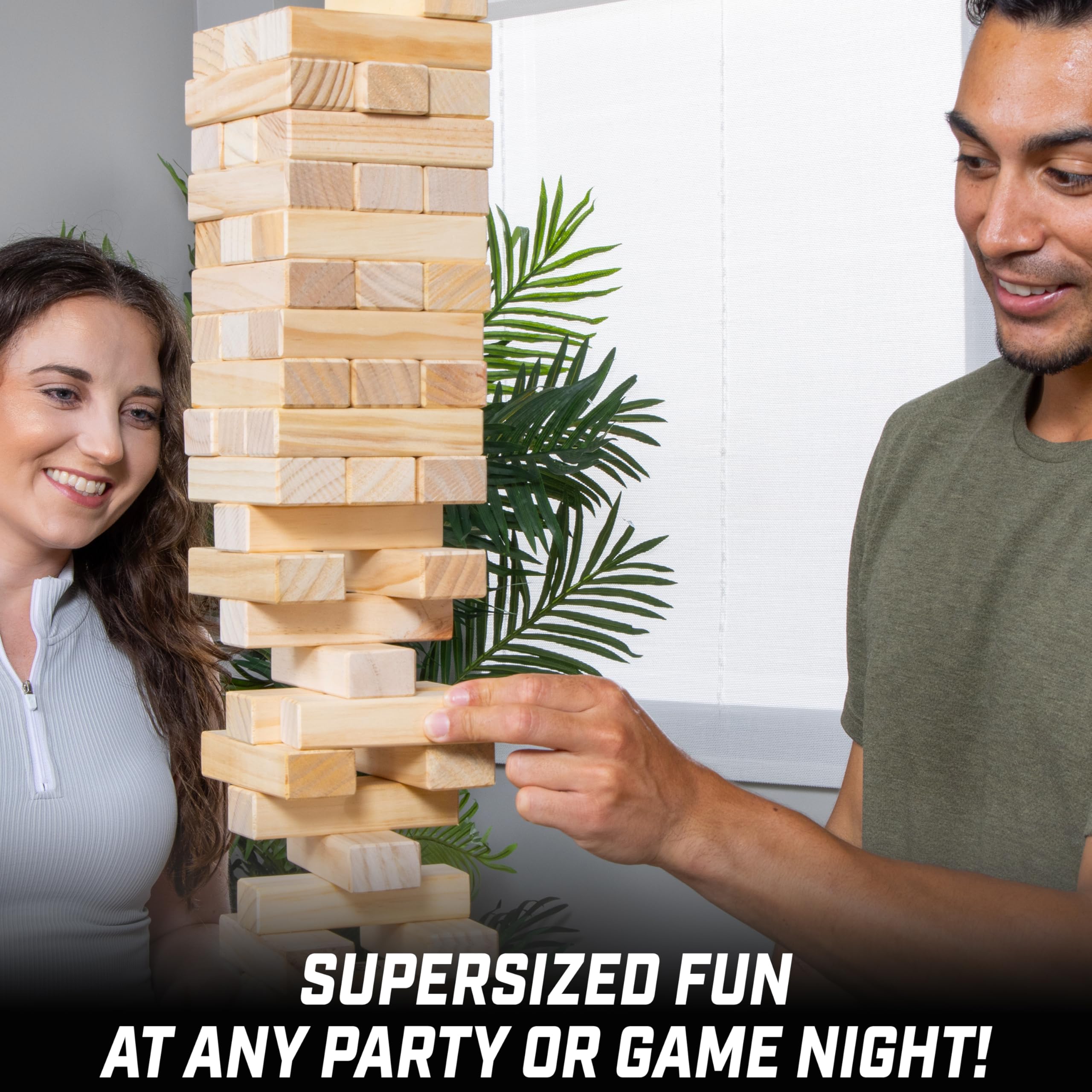 GoSports Large Wooden Toppling Tower - Stacks Up to 3 ft - Natural Wood