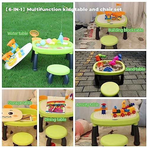 la-belle-vie 6-in-1 Activity Table for Kids, Sand/Water Table for Toddlers 1-3, Kids Table and Chair Set with Storage, 70 pcs Marble Run Building Blocks Classic Big Blocks (Green)