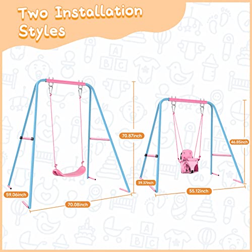 Kiriner Swing Set Outdoor Swings for Kids Toddlers with Waterproof Metal A-Frame, 4 Anchors, Two Swing Seats Swing Sets for Backyard Playground Pink&Blue