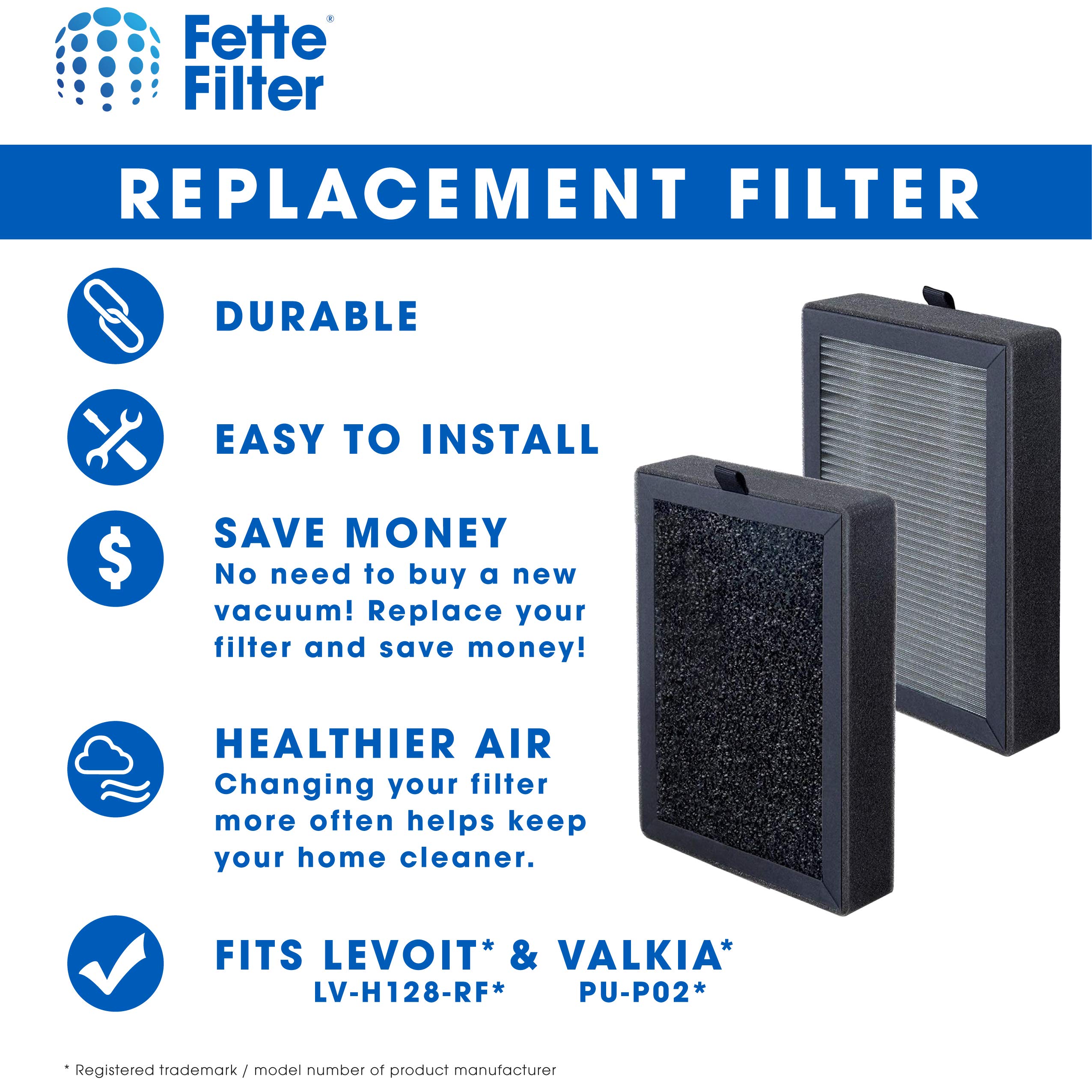 Fette Filter - LV-H128 True HEPA H13 Replacement Filter Compatible with LEVOIT LV-H128-RF/Valkia PU-P02 / PUURVSAS HM669A / ROVACS RV60 Air Purifier Models Part # LV-H128-RF 4QTY