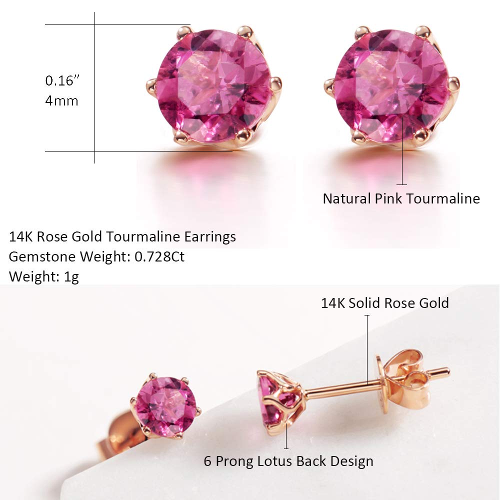 Agvana 14K Solid Rose Gold Solitaire Tiny Genuine 0.73Ct Pink Tourmaline Small Stud Earrings