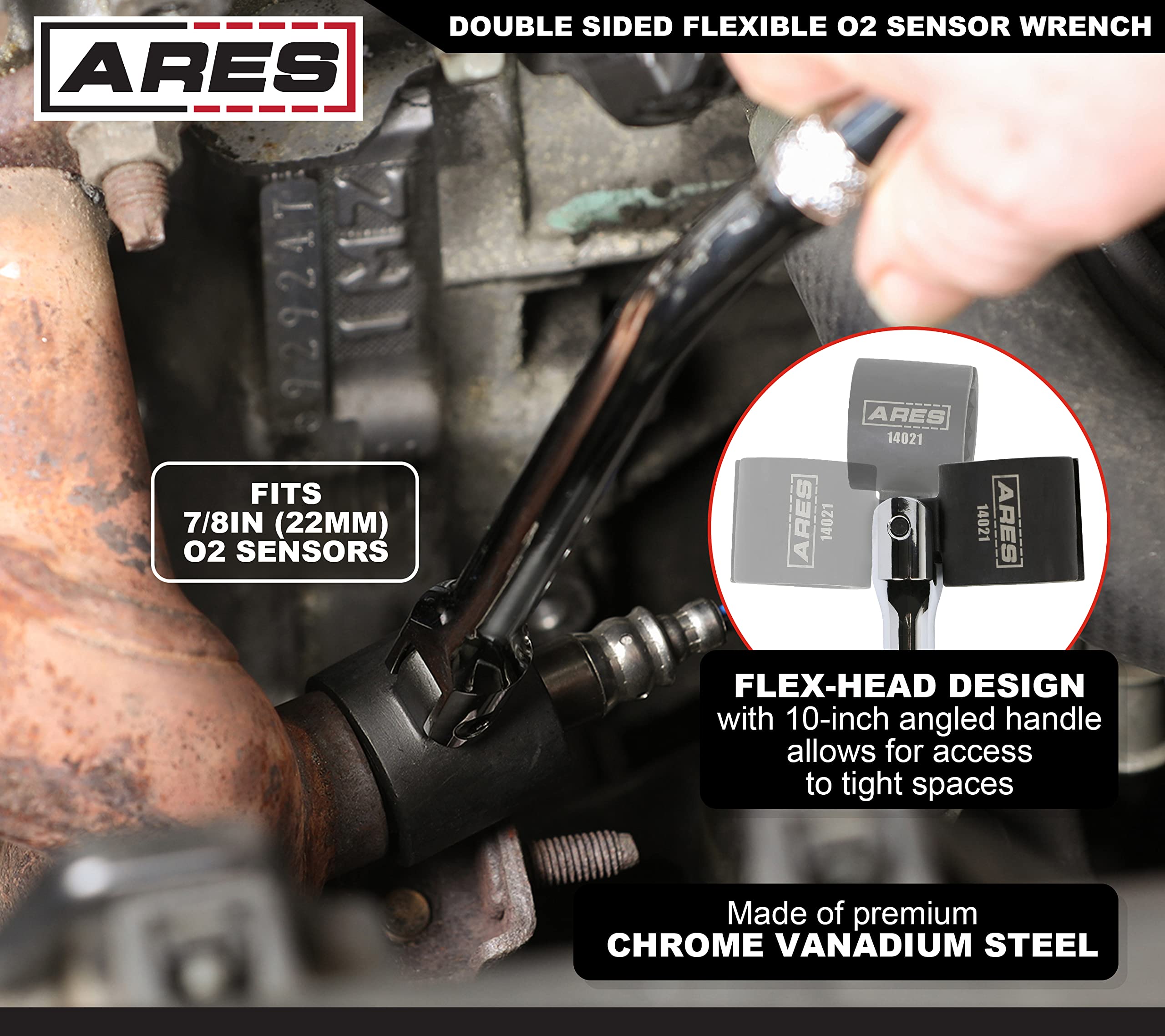 ARES 14021 – Double Sided Flexible O2 Sensor Wrench – Flex Head Design for Access in Tight Spaces – 6 Point and 12 Point Socket Head Configurations - Remove and Install 7/8” (22mm) O2 Sensors