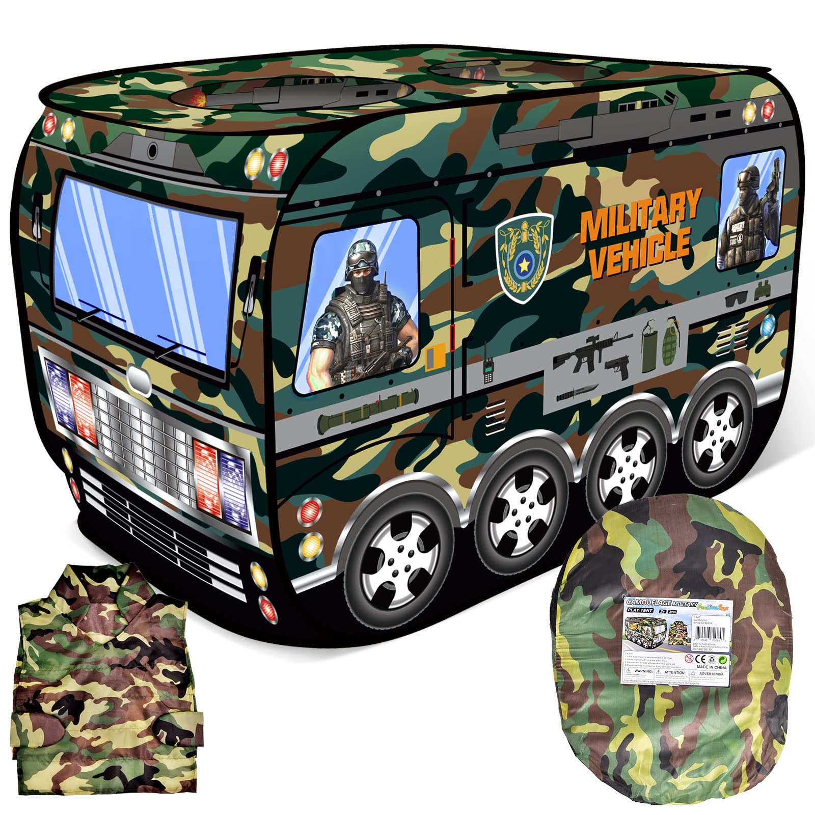 FUN LITTLE TOYS Military Pop Up Play Tent with Army Costume, Children Play Tent for Indoor & Outdoor