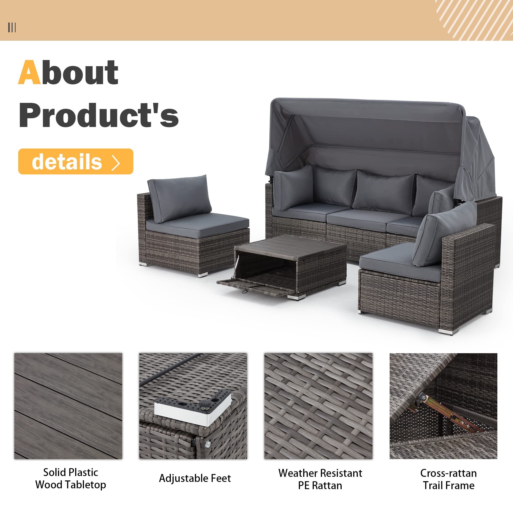 HOMREST 6 Pieces Patio Furniture Sets, Rattan Daybed with Retractable Canopy, Outdoor Sectional Sofa Set with Adjustable Backrest, Chaise Chair Sunbed for Garden Poolside Backyard(Grey)