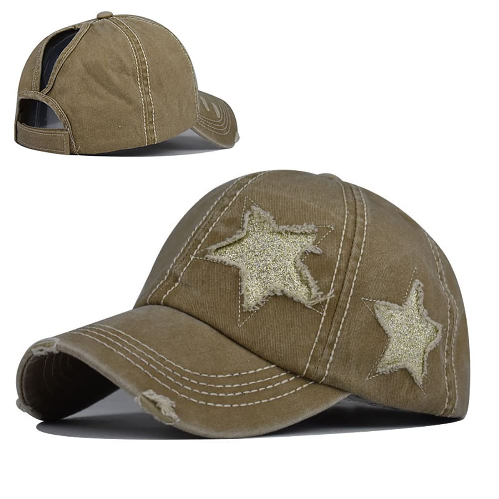 Adorable Star Ponytail Hats for Women, Curved Sanpback Distressed Black Pony Cap, Adjustable Denim Messy Bun Ball Caps (as1, alpha, one_size, m, Khaki Star)