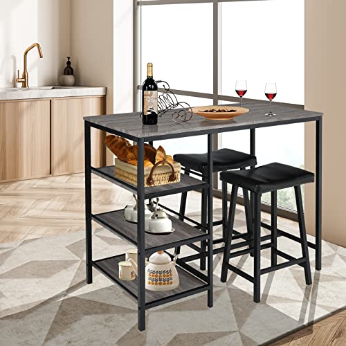 COSTWAY 3 Pieces Dining Table Set, Counter Height Pub Table Set with 2 Upholstered Bar Stools and 3 Shelves, Industrial Kitchen Table Set for Living Room, Restaurant