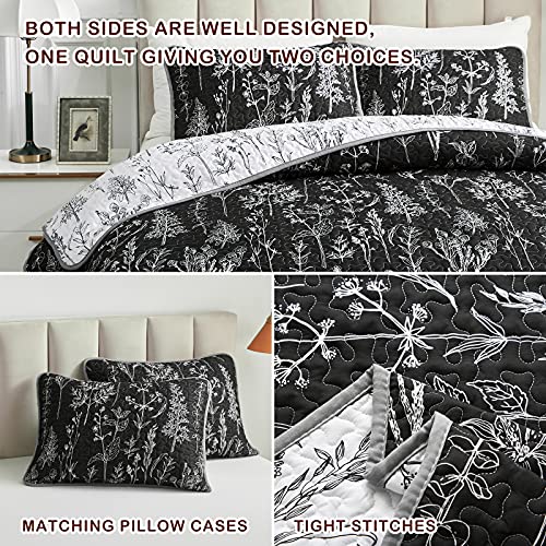 Joyreap 3 Pieces Quilt Set Full/Queen, Black n White Reversible Botanical Design, Smooth Soft Microfiber Quilt, Bedspread Bed Cover for All Season, 1 Quilt and 2 Pillow Shams- 90x90 inches