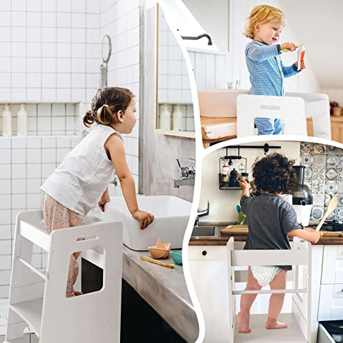 Kitchen Step Stool, WOOD CITY Toddler Kitchen Stool Helper with Safety Rail, Height Adjustable Child Standing Tower Learning Stool for Kitchen Counter and Bathroom Sink (White)