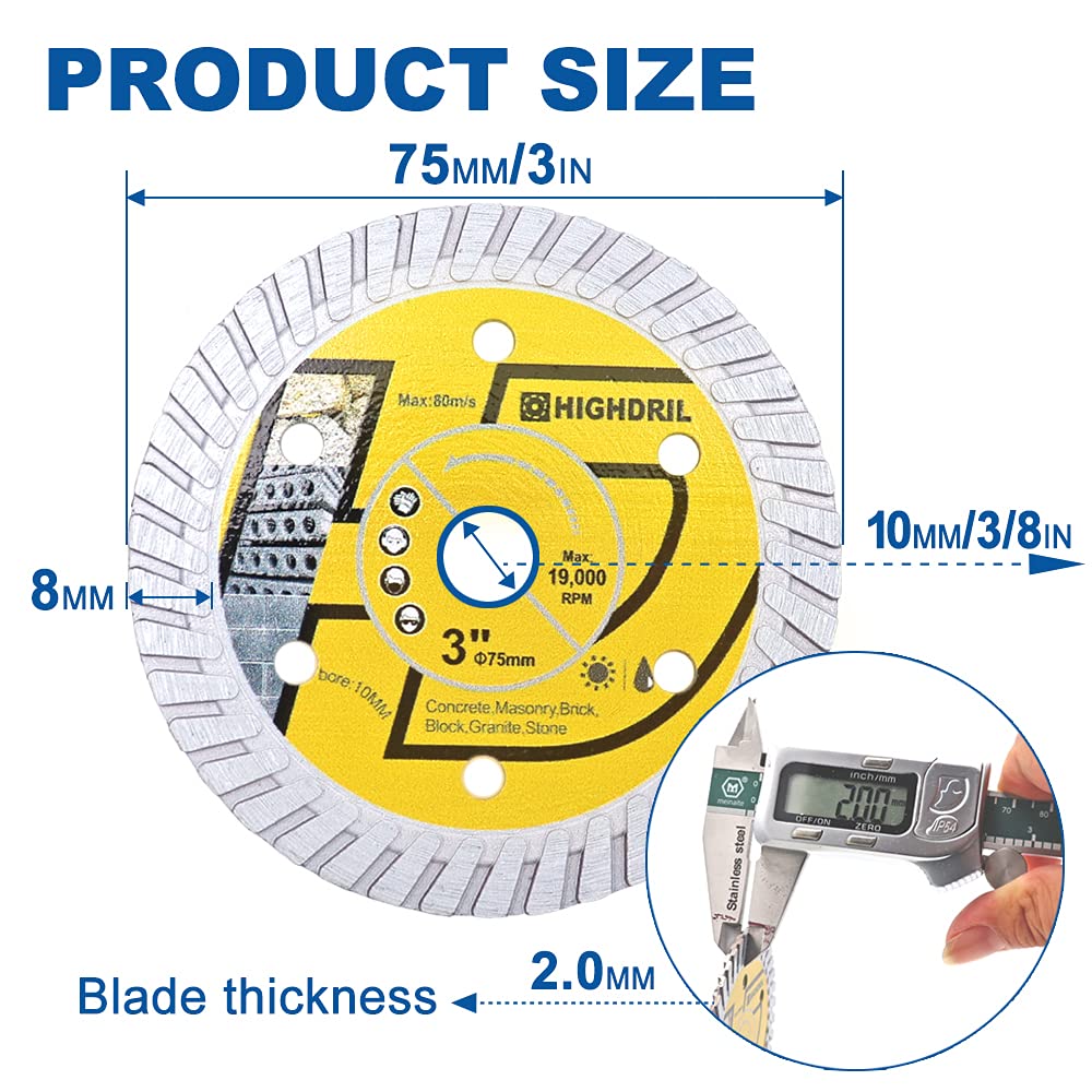 HIGHDRIL Diamond Saw Blade, 3PCS 3in/75mm x Arbor 3/8inch/10mm for Granite,Hard Concrete,Ceramic,Hard Porcelain