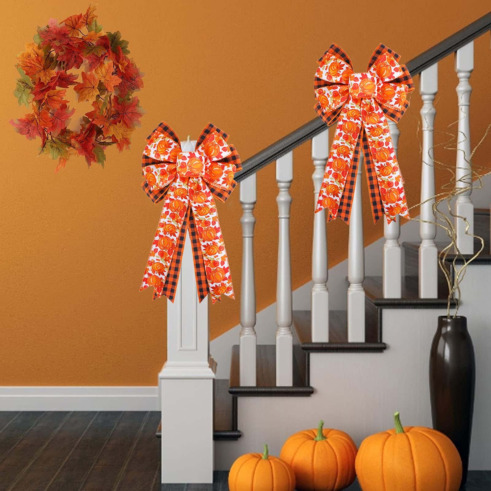 Fall Wreath Bows, Autumn Bow Orange Buffalo Plaid Pumpkin Wreath Bow for Fall Bows Knot Thanksgiving Dinner Party Fireplace Christmas Halloween Home Garden Party Decor