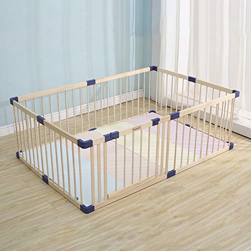 Kids Play Fence with Door,Wood Playpen Baby Safety Play Center Yard, Safe Play Area Indoor Kids Safety Activity Center Playard w/Locking Gate , Without Mat
