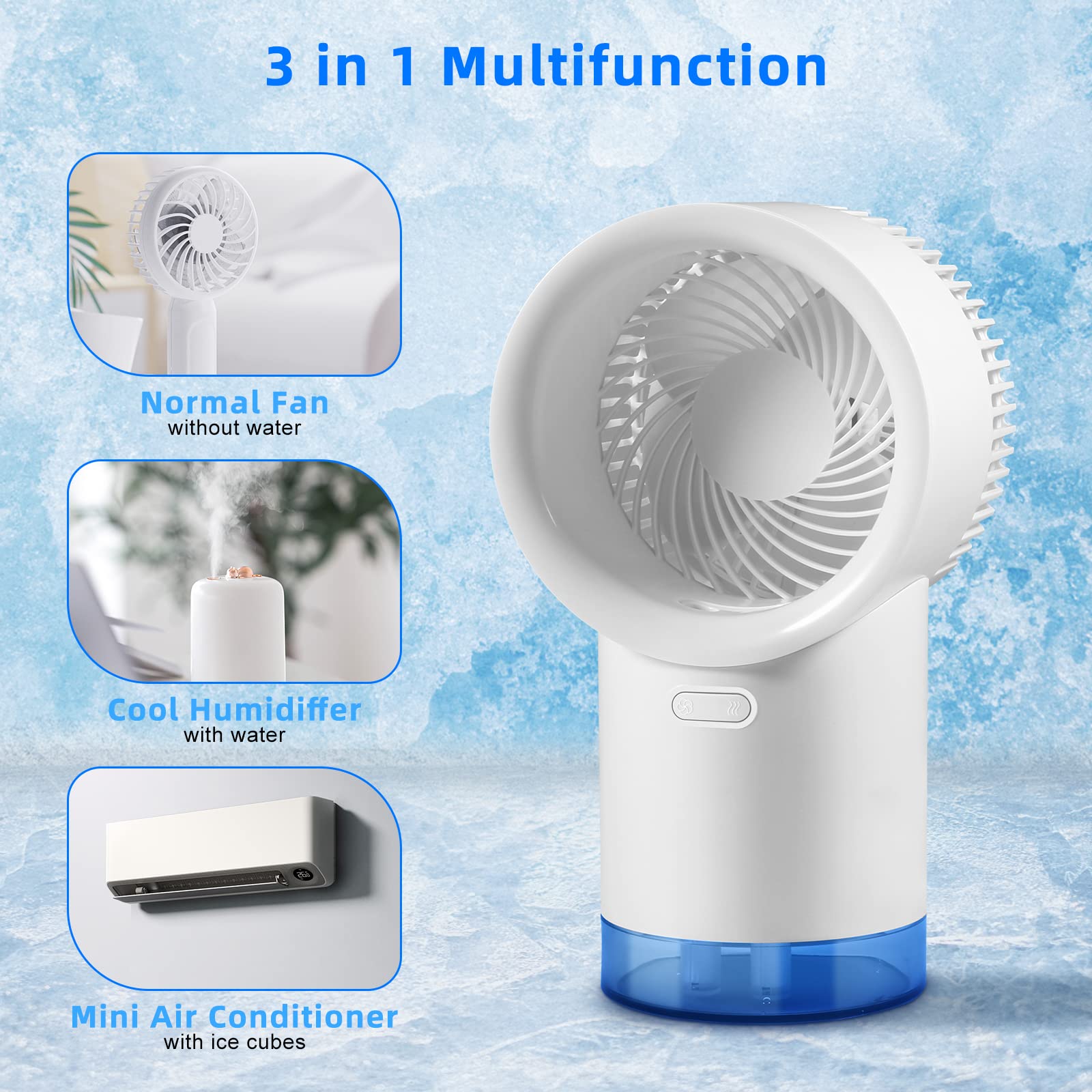 Ankuwa Personal Air Cooler, 3 in 1 Personal Desktop Cooling Fan 3 Speeds, Evaporative Portable Air Conditioner with 400ml Water ‎365-B 0