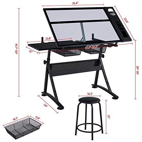 Yaheetech Drafting Table w/Stool Height Adjustable Multifunctional Art Craft Artists Desk Tilting Glass Tabletop Diamond Paintings Work Station w/2 Storage Drawers for Home Office