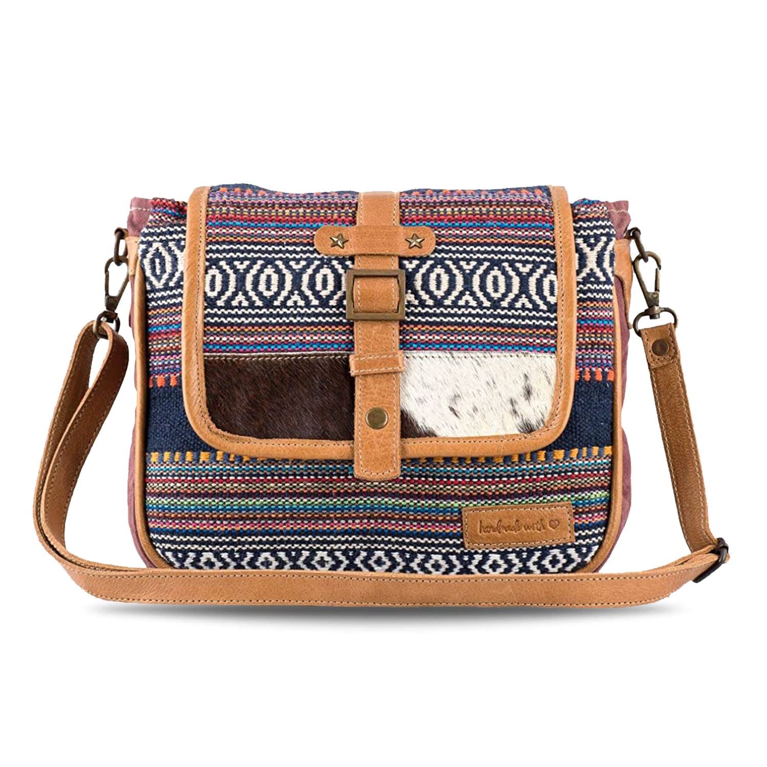 SIXTEASE Crossbody Bag for Women Vintage Style Genuine Leather, Upcycled Canvas, Rug, or Hair On - Cross Body Womens Bags with Inside Zipper Pockets - Paisley