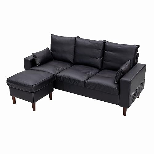 Panana Reversible Sectional Sofa Couch for Small Apartment L Shape Sofa Couch 3-seat Sectional Corner Couch, Black Leathaire