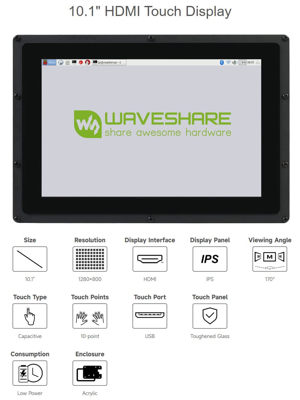 waveshare 10.1inch Capacitive Touch Screen LCD Compatible with Raspberry Pi 5/4B/3B/Zero/Zero W/Zero 2W/Pico/Pico W/Pico WH, Comes with Case and Toughened Glass Cover 1280×800 Resolution HDMI IPS