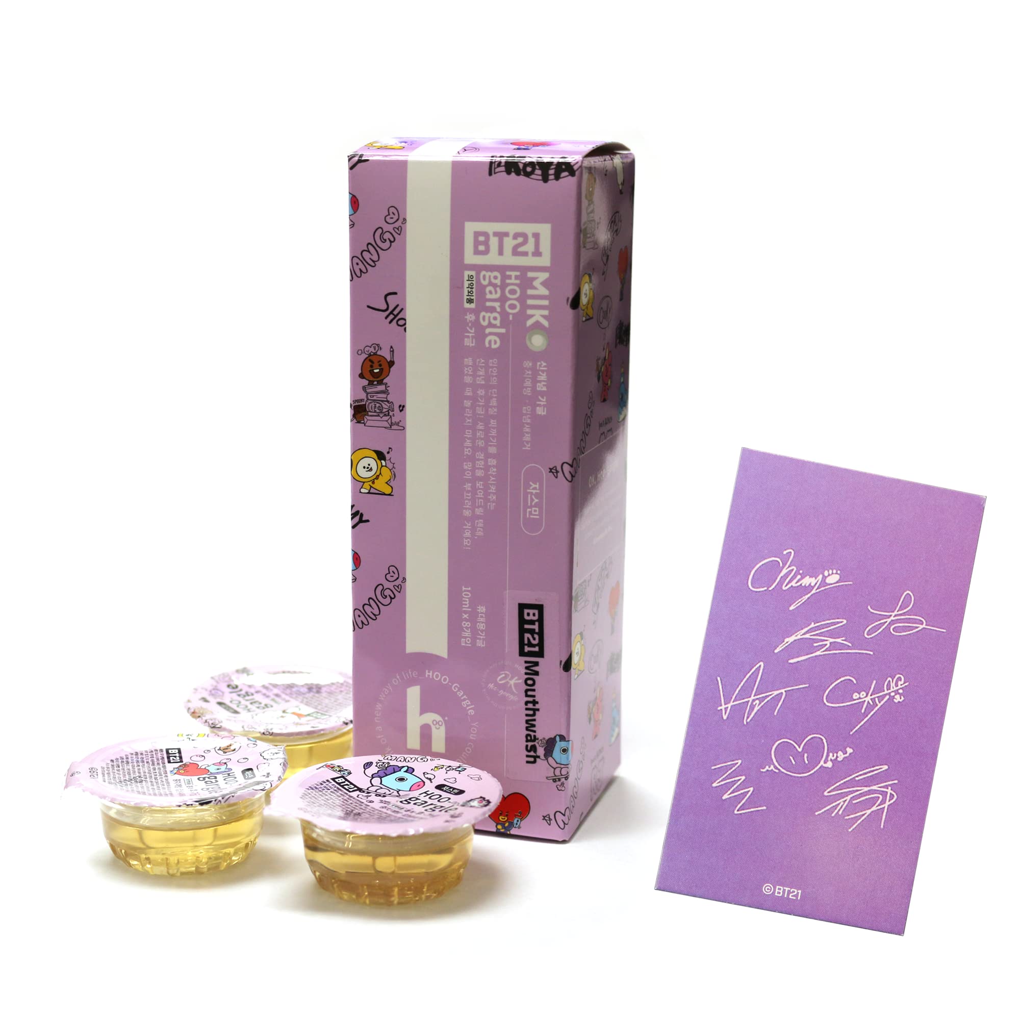 BT21 Hoo Mouthwash, Single Size Mouthwash for Fresh Breath on The go. Airline Friendly Liquid Travel Portable Oral Care Mouthwash, Alcohol Free for Work Smokers, 8 Cups/Set, Autograph Included