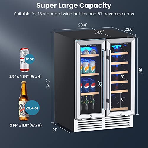 COSTWAY Wine and Beverage Refrigerator, 24 Inch Dual Zone Under Counter Wine Cooler w/Lock, 19 Bottles & 57 Cans Beverage Fridge Cooler, Built-In or Freestanding Beer Wine Fridge for Home Kitchen Bar