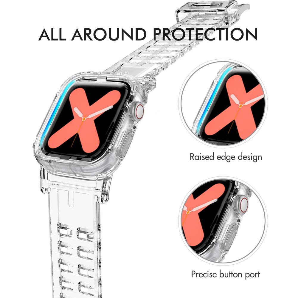 AHASTYLE Compatible with Apple Watch Clear Band Crystal Band with Rugged Bumper Case for Apple Watch Series 6 5 4 3 2 1 SE Transparent (42mm/44mm, Crystal Clear)
