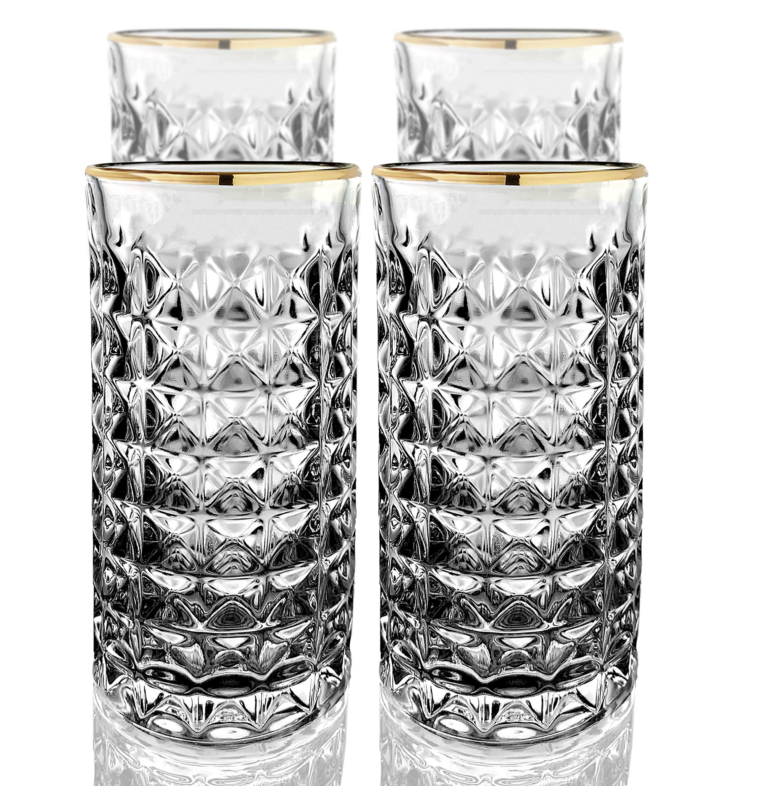 Amehla Co. Gold Rimmed Highball Collins Cocktail Glass Set | Drinking Glasses for Cocktails, Water, Juice, & Iced Tea or Coffee